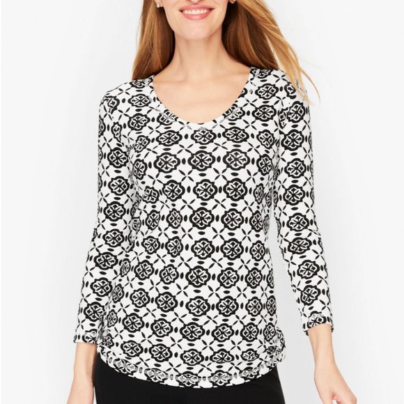 Talbots | Tops | Talbots White Black Scoop Neck Printed 34 Sleeve ...